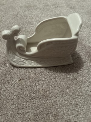 Christmas White Porcelain Ceramic Sleigh Candy dish planter Poinsettia ...