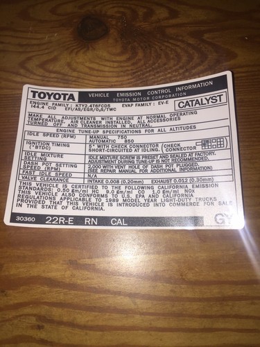 1989 Toyota Pickup Truck/4runner Emissions Decal Repro Sticker CAL 22RE ...