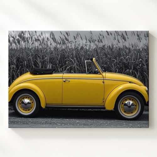 Yellow VW Beetle Canvas Selective Color Retro Convertible on Rural Road ...