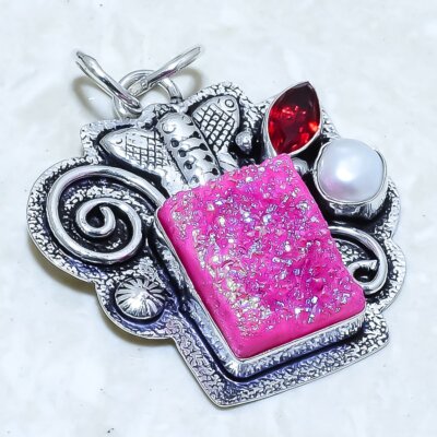 Pink Titanium Druzy, Garnet Gemstone Silver Jewelry Pendant 1.7 ...
