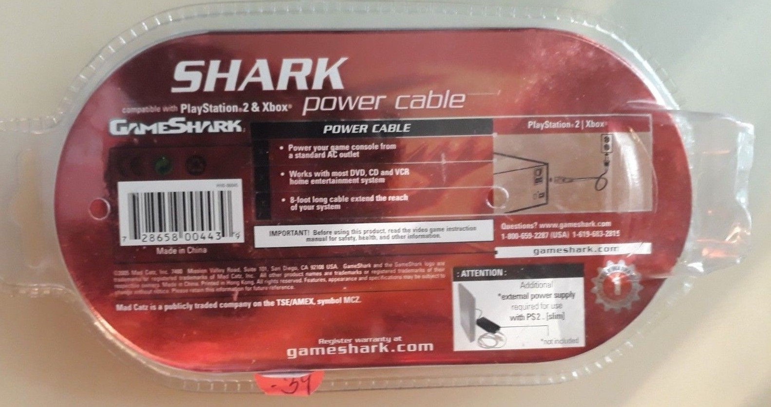 GameShark PlayStation 2 & Xbox Replacement Power Cable - 8' UPC ...