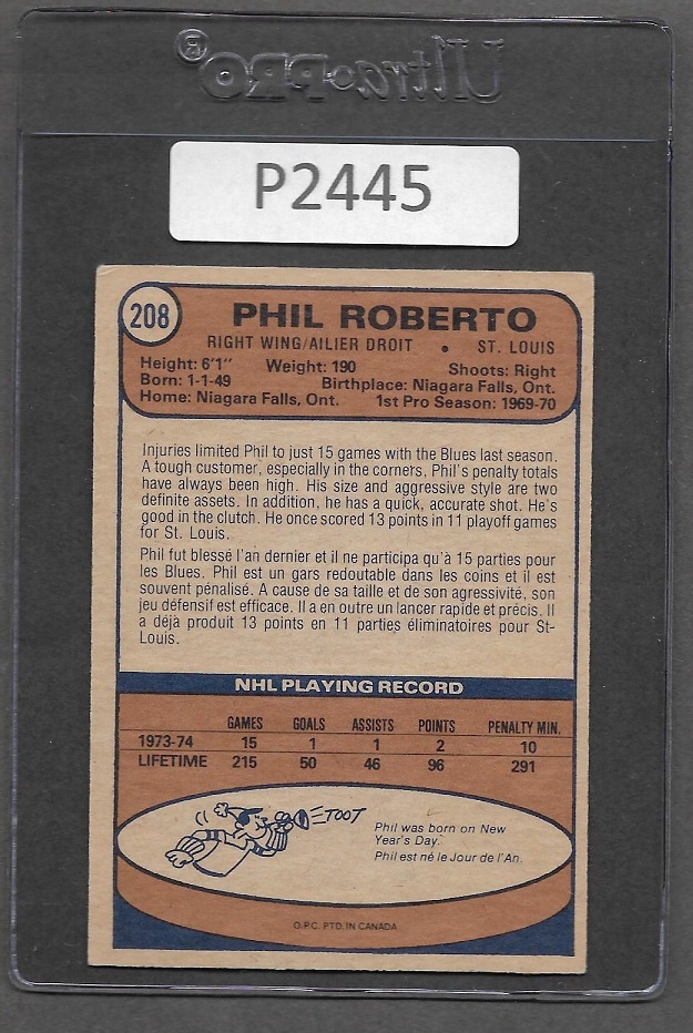 ** 1974-75 OPC Phil Roberto #208 (VG++) Hockey Card Set Break ** P2445 ...
