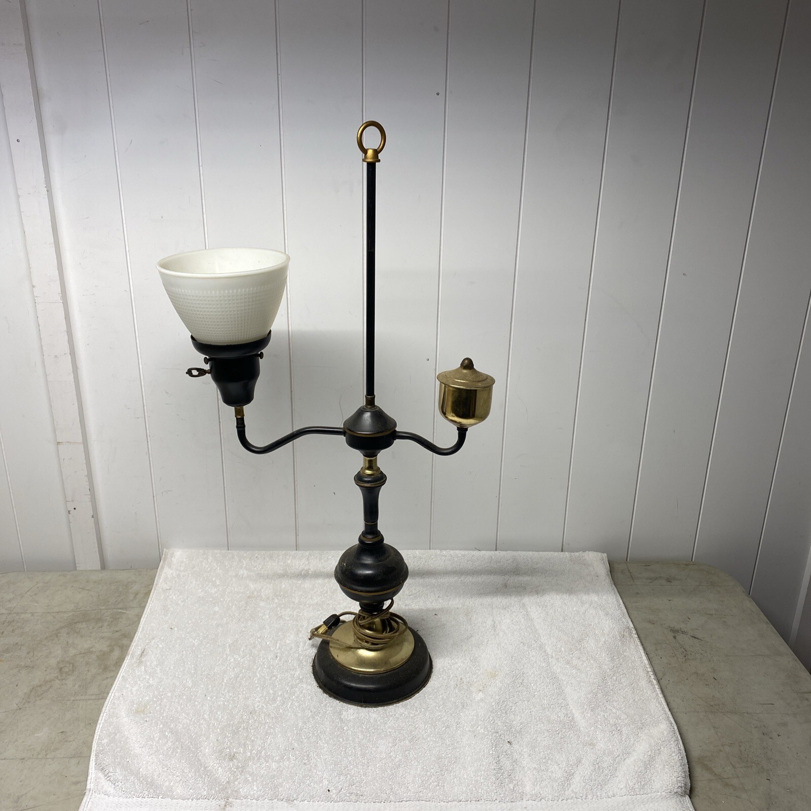 Tole Ware Black & Gold Student Lamp Brass Tone Gilt Milk Glass Diffuser ...