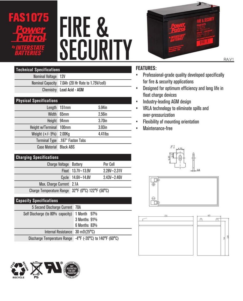 Power Patrol Interstate Batteries FAS1075 Battery 12V 7AH SLA .187 F1 ...