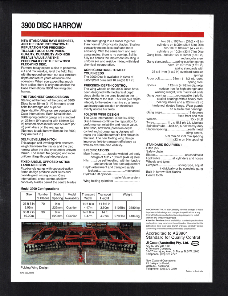 CASE IH MODEL 3900 DISC HARROW SPECIFICATIONS BROCHURE 1993 | eBay