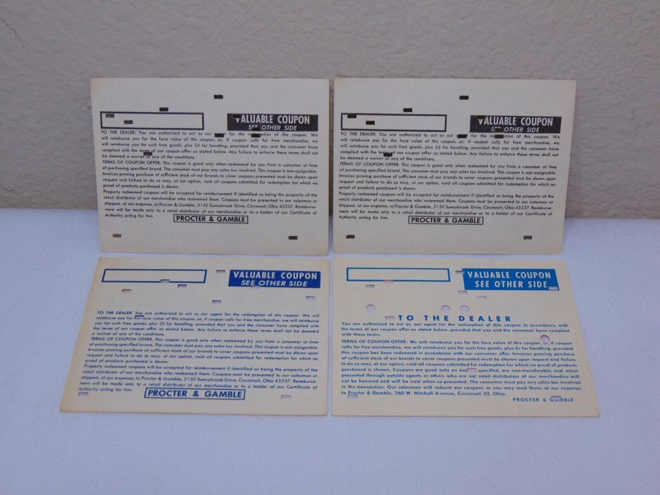4 VINTAGE PROCTOR & GAMBLE COUPONS KEY PUNCH 1960'S LOT JOY & TOP JOB 5 ...