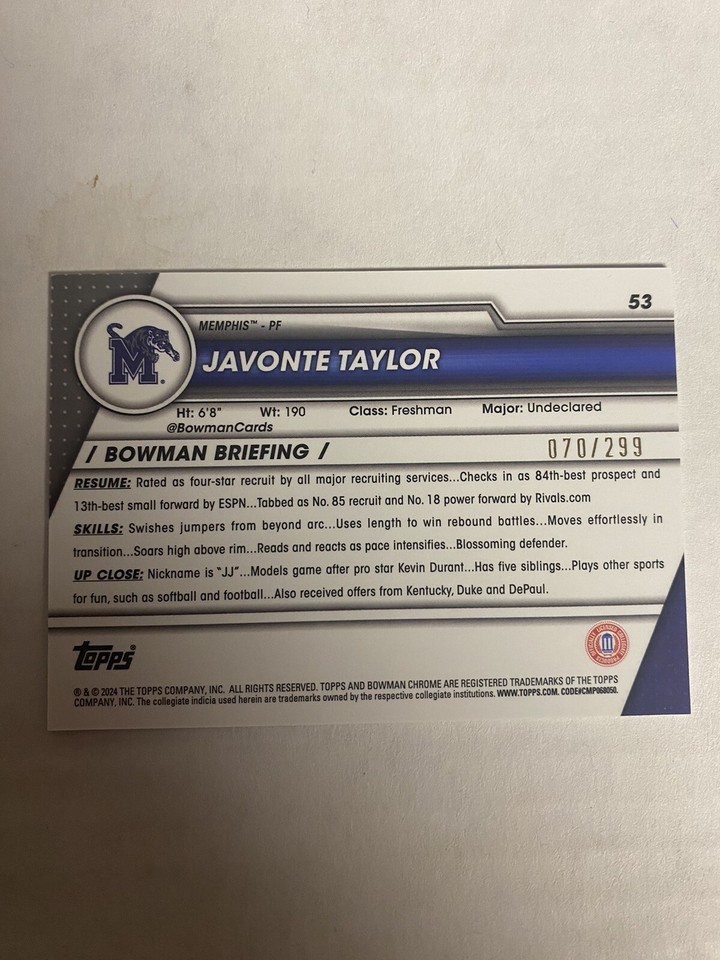 2023-24 Bowman University Chrome 1st Bowman Javonte Taylor Aqua Wave ...