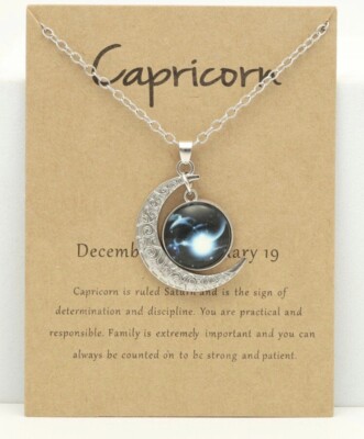 Zodiac Silver Necklace with a Crescent Moon Charm - Capricorn Gift ...