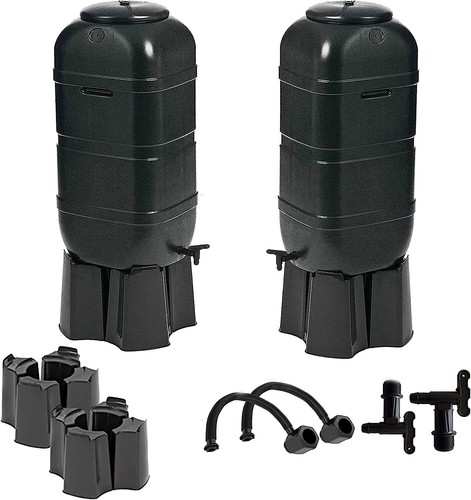 2 x 100L Black Rain Saver Water Butts Complete With Taps, Stands ...