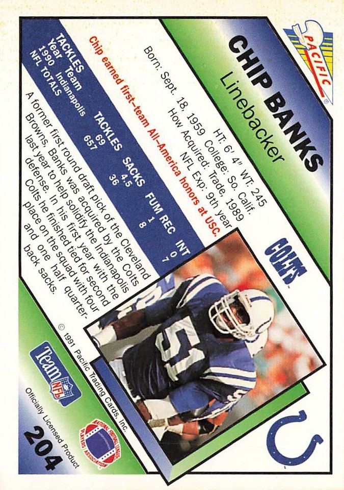 1991 Pacific #204 Chip Banks Indianapolis Colts | eBay