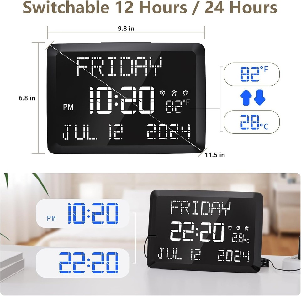 Digital Clock, 11.5" Large Display Calendar Clock with Day and Date ...