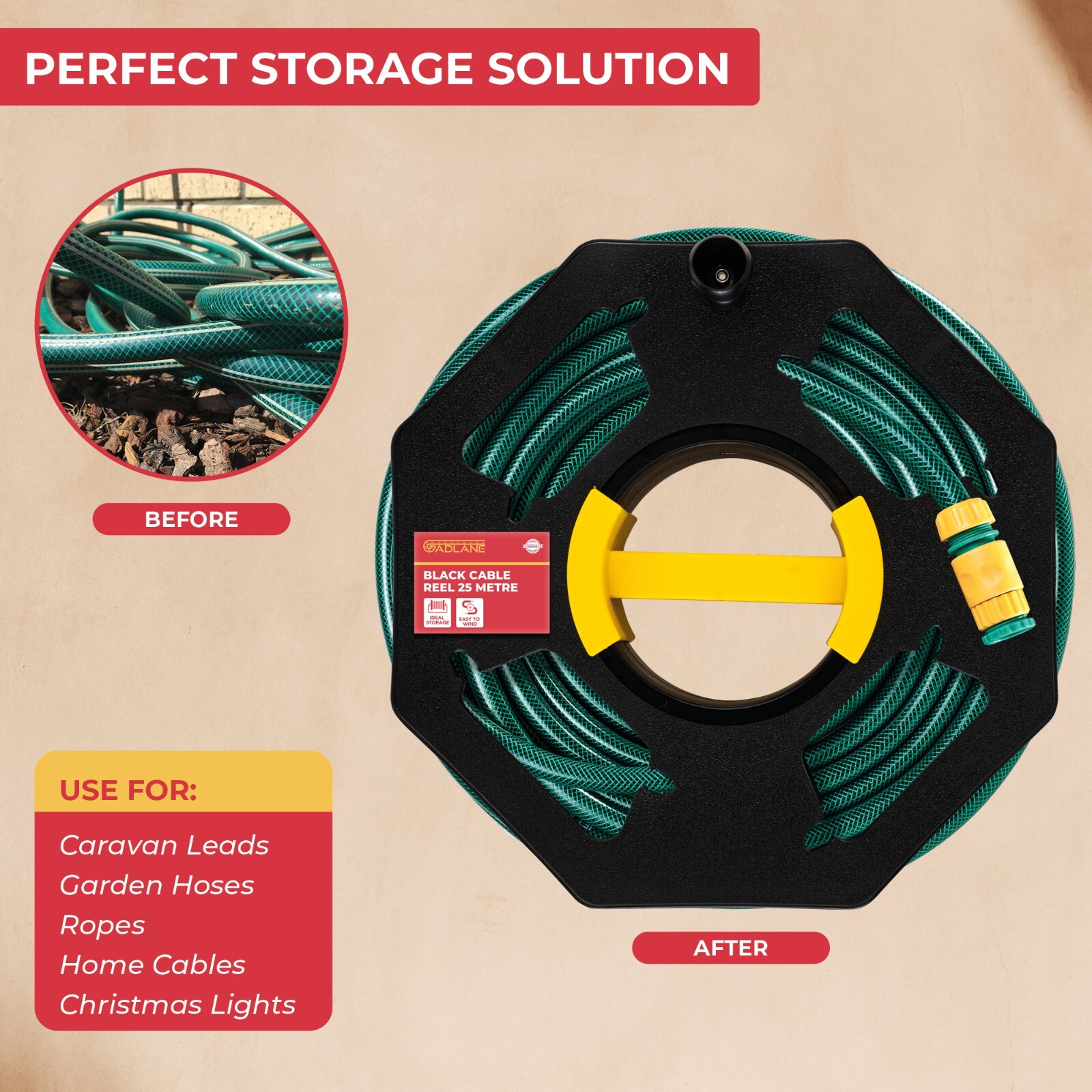 GADLANE Cable Tidy Reel 25M Mains Wire Hook Up Lead Extension Holder ...