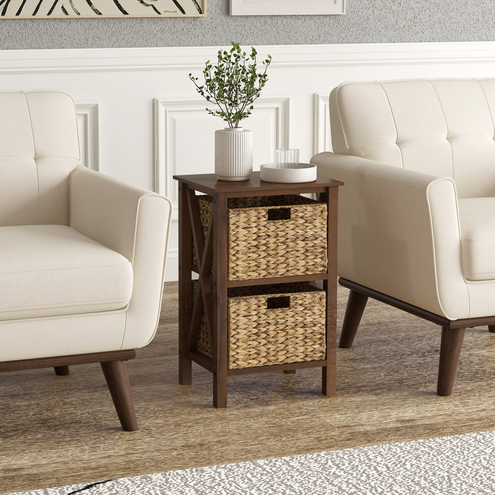 2-Tier Nightstand w/2 Drawers 2 Seagrass Baskets Rubber Wood X-Shaped ...