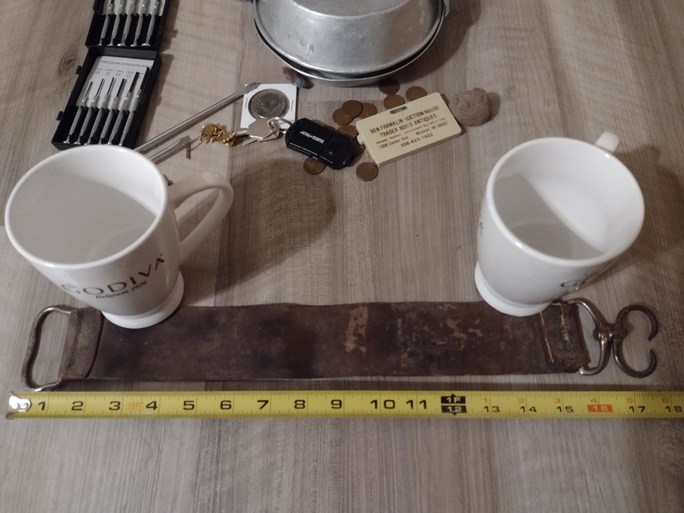 VTG Junk Drawer Lot**Coins-Scout Mess Kit-Razor Strap-Godiva Mugs-Tools ...