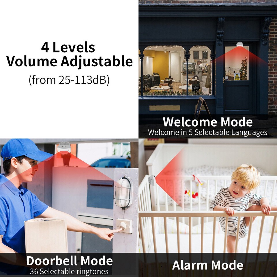 2x Shop Door Sensor Wireless 113dB PIR Motion 280m Sensor Door Bell ...