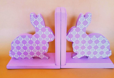 Bunny Wooden Bookends w/ Pink Geometric Pattern, 8" Tall & 7.5" Long | eBay