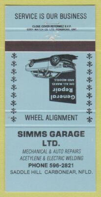Matchbook Cover - Simms Garage Auto Repair Carbonear NF NL 30 Strike | eBay