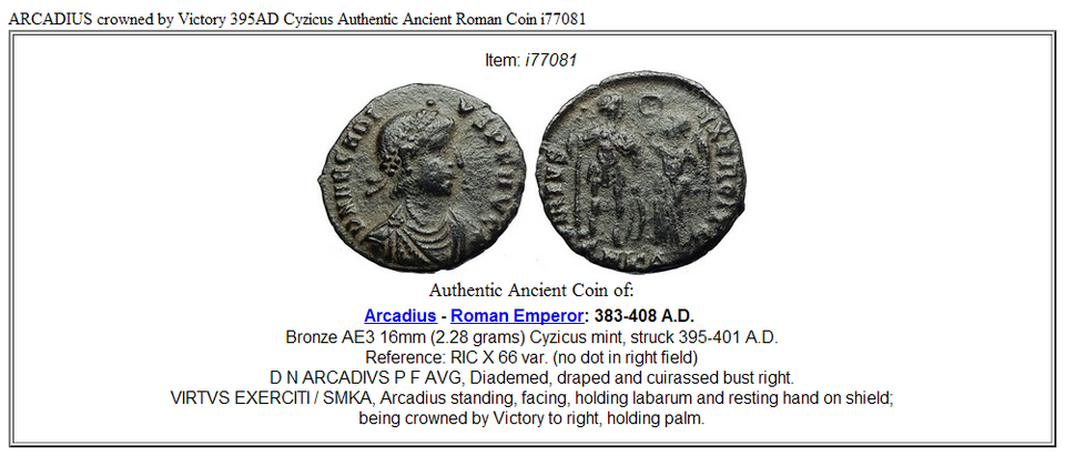ARCADIUS crowned by Victory 395AD Cyzicus Authentic Ancient Roman Coin ...