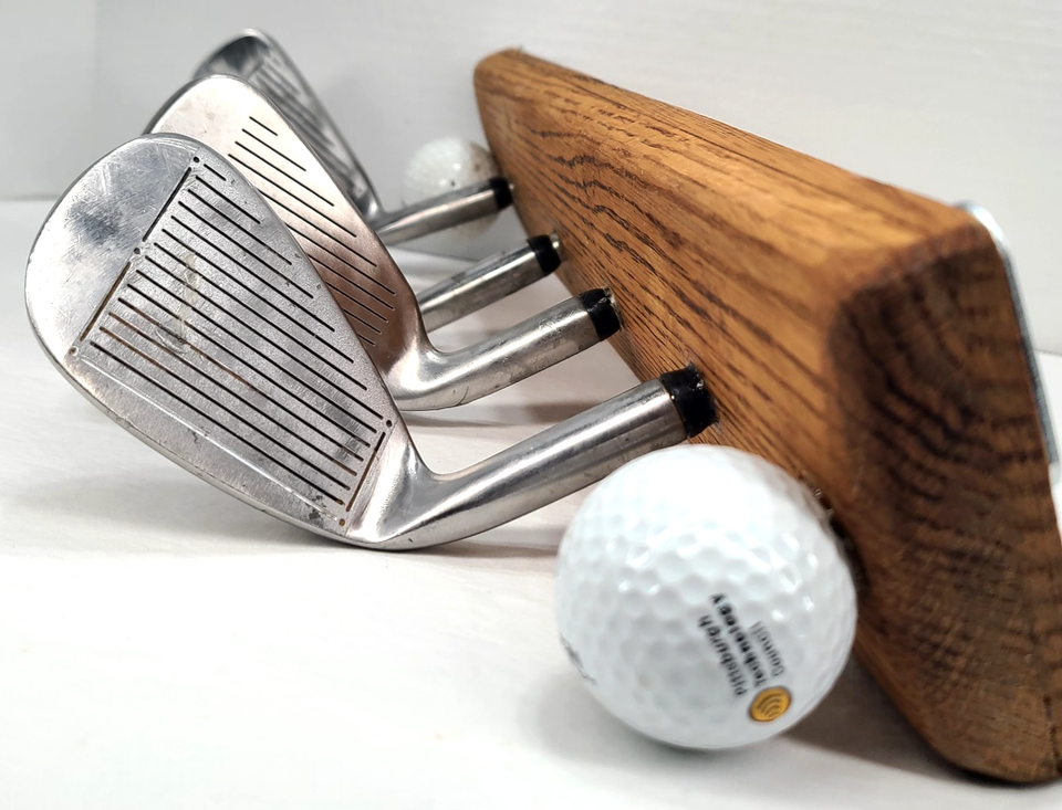 Golf Club Head Wall Hooks Coat Hat Towel Rack 4 Hook Oak Wood Man Cave ...