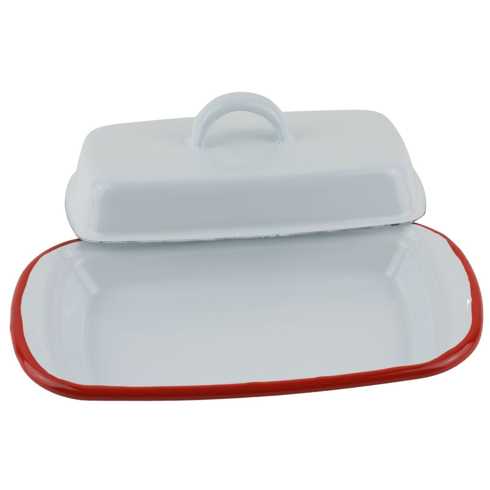 White Covered Enamel Butter Dish with Lid Red Trim Retro Farmhouse | eBay