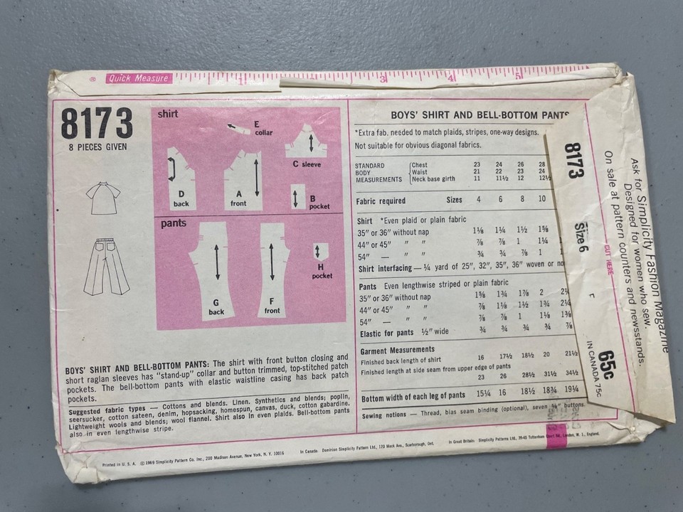 60s Simplicity 8173 Vintage Sewing Pattern Size 6 Boys Shirt Pants ...