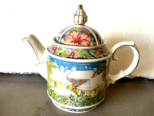 Vtg SADLER England Porcelain Teapot BERMUDA ISLAND Gold Trim Tropical 6 ...