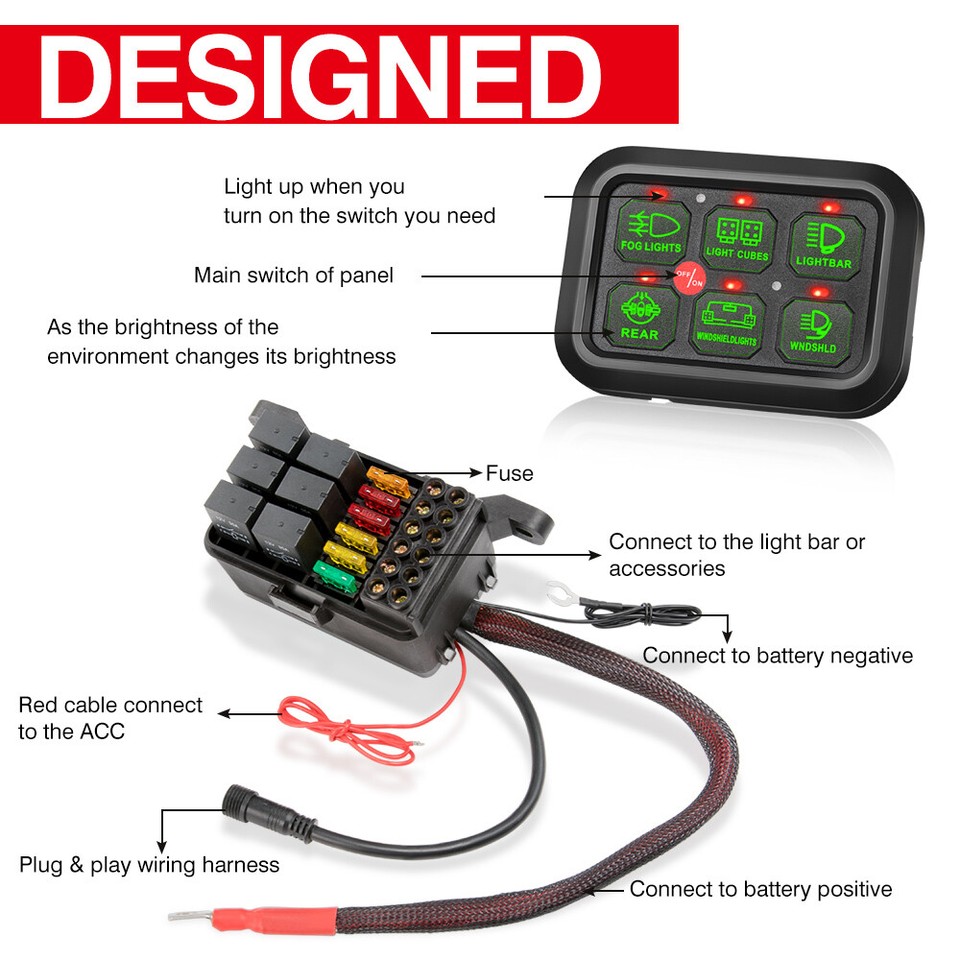 6 Gang ON/OFF Switch Panel Circuit Control Box LED Light Bar Marine ...