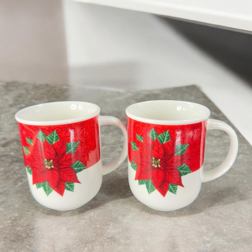 Oneida China Red Poinsettia Design Ceramic Coffee Mug Cup Set 2 ...