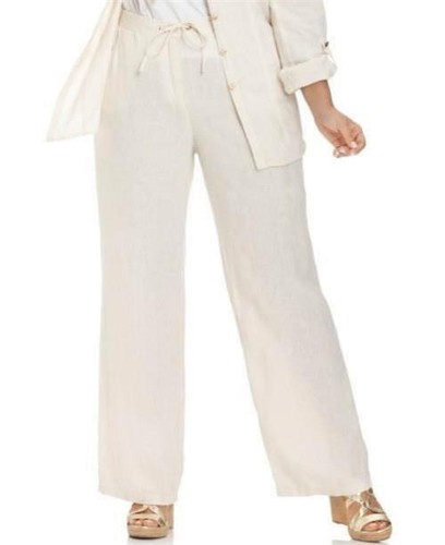 JM Collection Plus 24W Womens Linen Pants Ivory Wide Leg Drawstring NWT ...