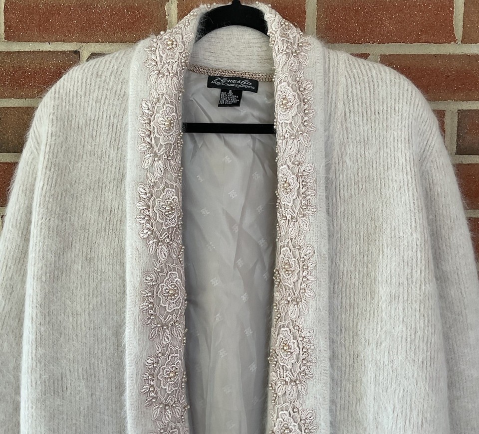 Vintage VENESHA S 80% High Quality Angora Open Cardigan Beaded Applique ...