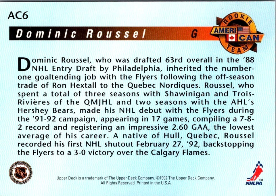 1992-93 Upper Deck Ameri-Can Rookie Team Dominic Roussel Philadelphia ...