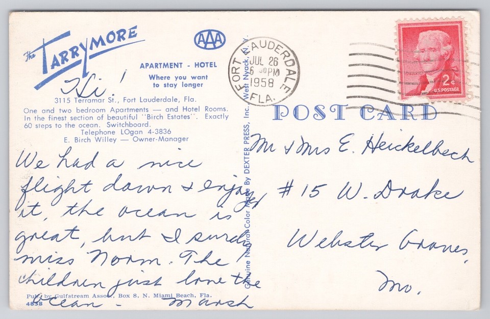 THE TARRYMORE HOTEL APARTMENTS, FORT LAUDERDALE FLORIDA POSTCARD c ...