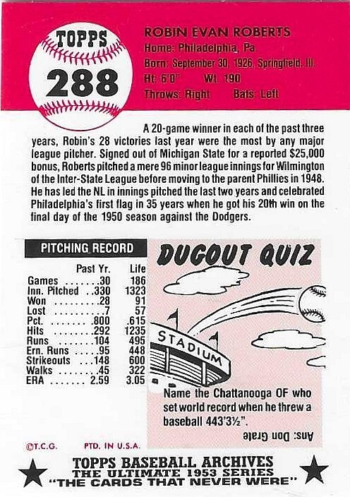 Robin Roberts 1991 Archives/1953 Topps (5065) | eBay