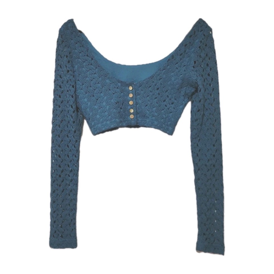 Double Zero Top Womens Medium Green Cropped Crochet Long Sleeve Button ...