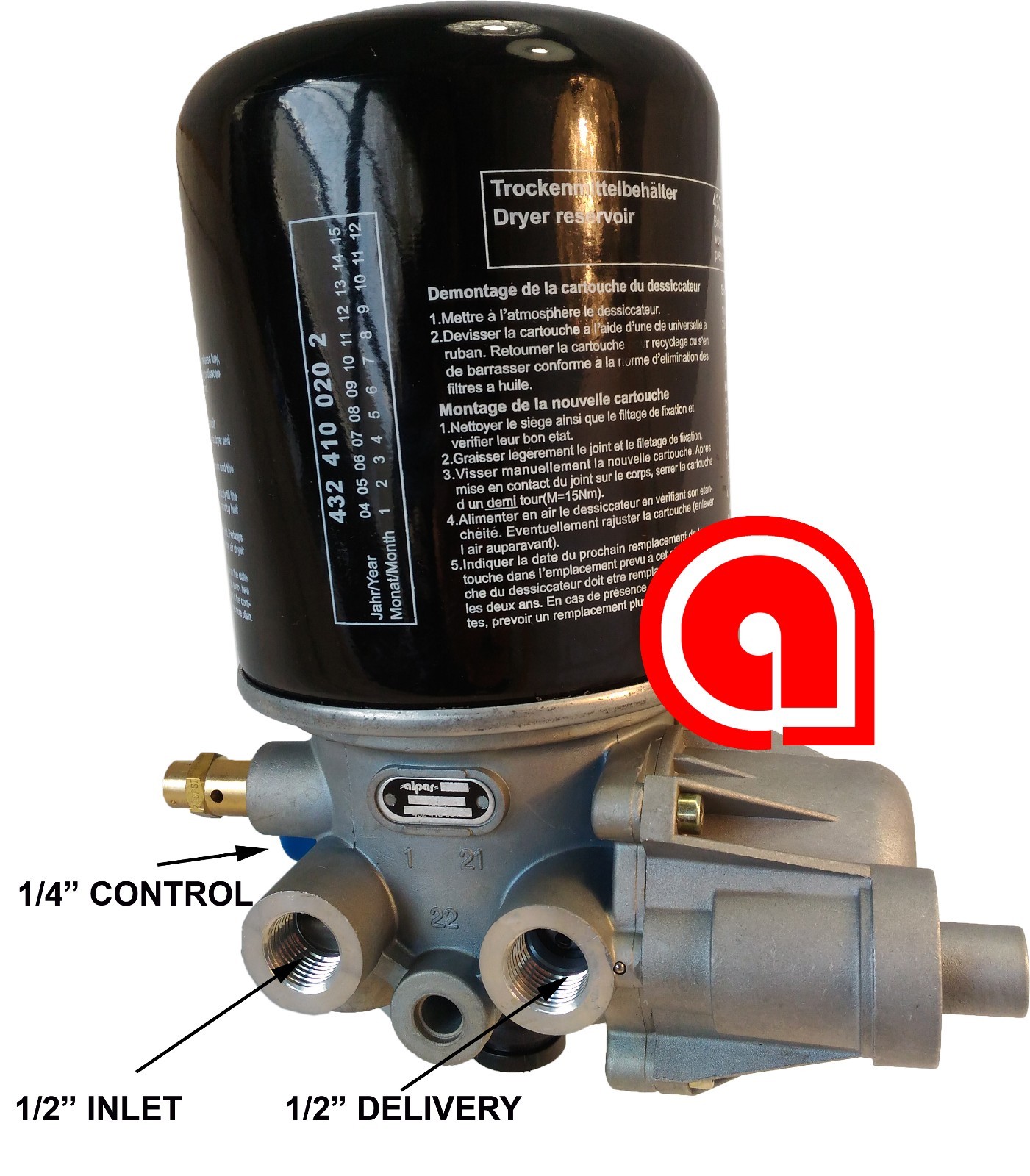 SS1200 Air Dryer, Wabco Meritor type SAE Ports 1/2" in/out Ref: R955205 ...