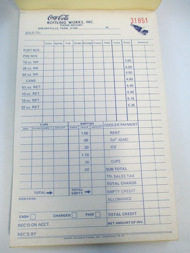 Coca-Cola Bottling Works Order Form Book Unused Complete Shelbyville TN ...