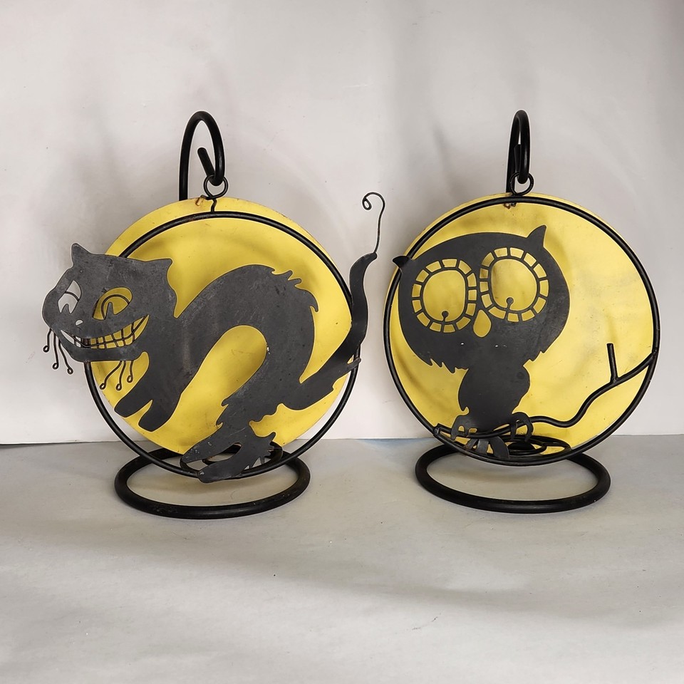 2 Table Decor - Black Scaredy Cat & Owl Silhouette Full Moon Metal ...