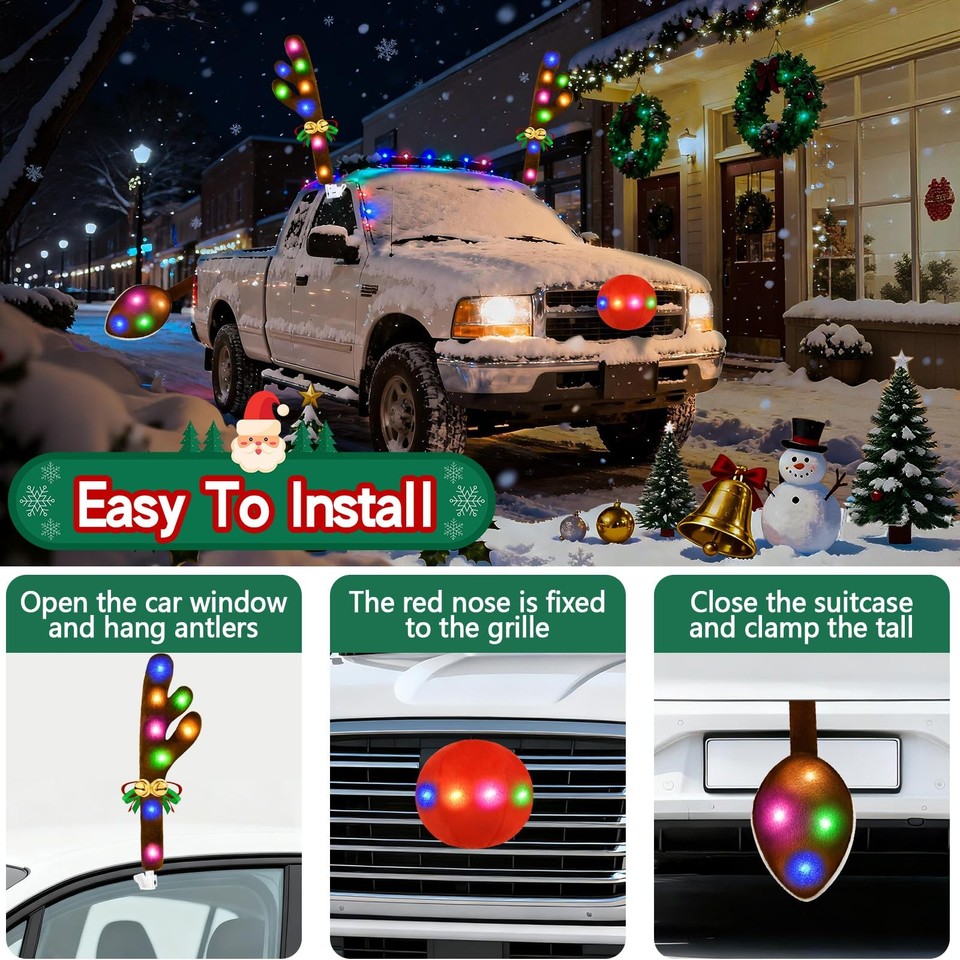 Christmas Car Decorations Reindeer Car Kit Antlers with Lights, Jingle ...