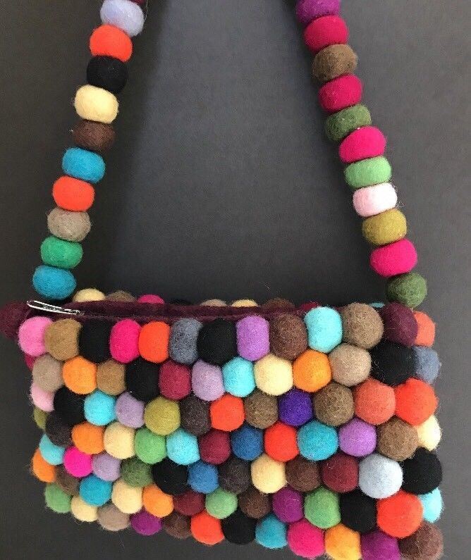 Nepal Wool Felted Balls Shoulder Handbag Colorful 5.5in Unused Kitschy ...