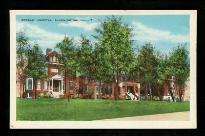 Illinois IL postcard Bloomington Brokaw Hospital gardens flowers trees ...