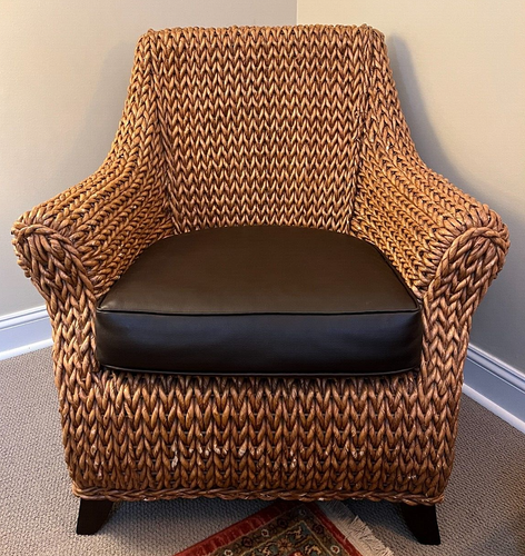 VINTAGE PIER 1 IMPORTS LARGE RATTAN CHAIR BROWN LEATHER CUSHION ...
