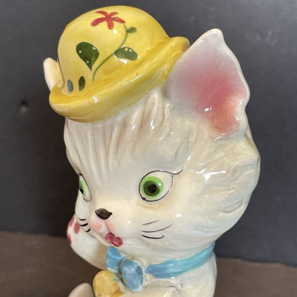 CUTE VTG CERAMIC CAT KITTEN w/ HAT AND UMBRELLA VASE PICO HAND PAINTED ...