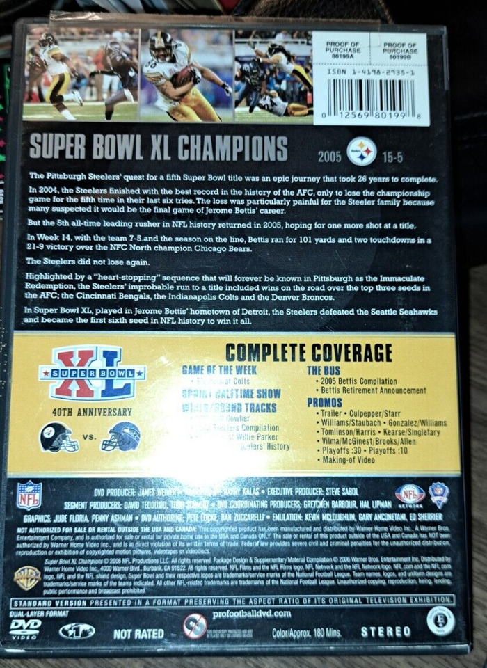 NFL Super Bowl XL Champions - Pittsburgh Steelers DVD. GAME &Rolling ...
