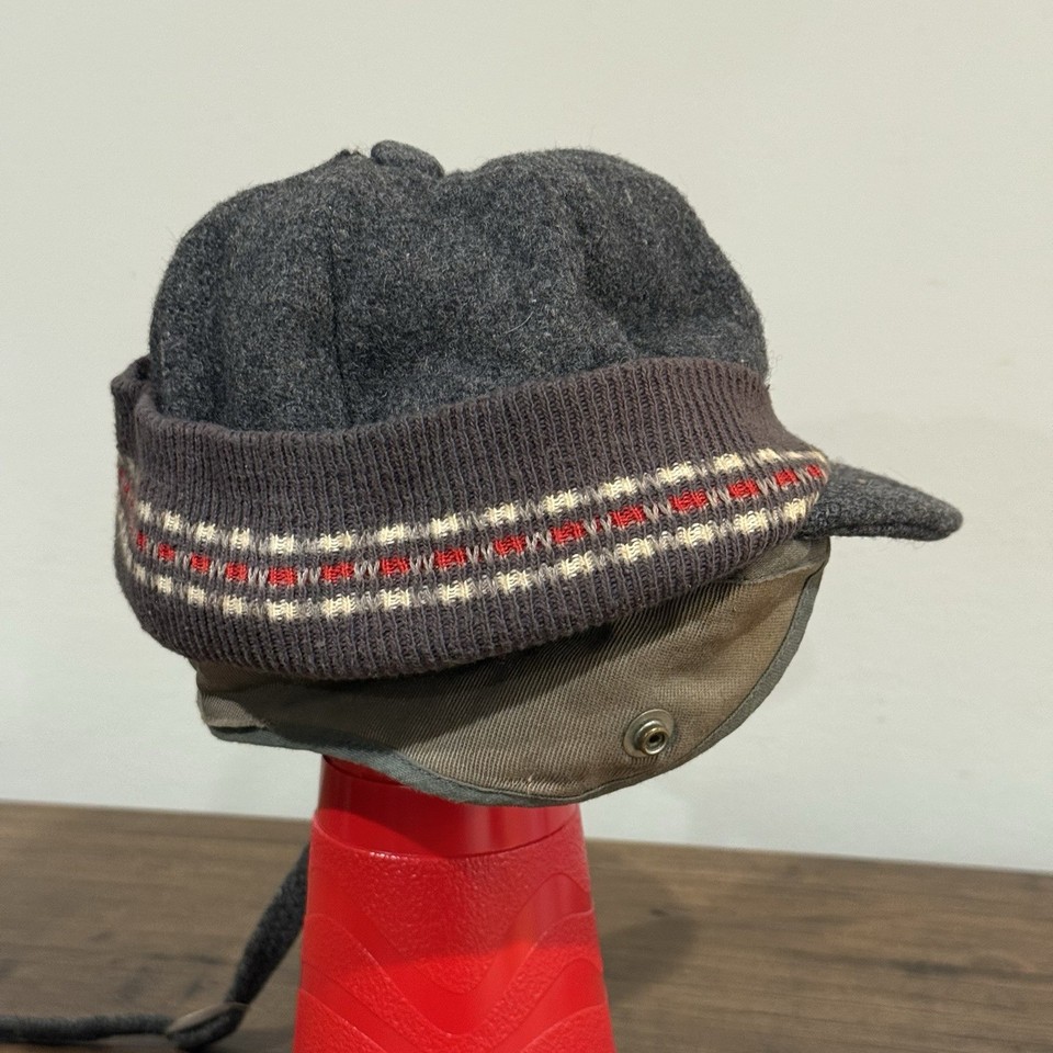 Vintage Wool Ear Flap Cap Gray Winter Hat Knit Band Chin Strap Lined | eBay