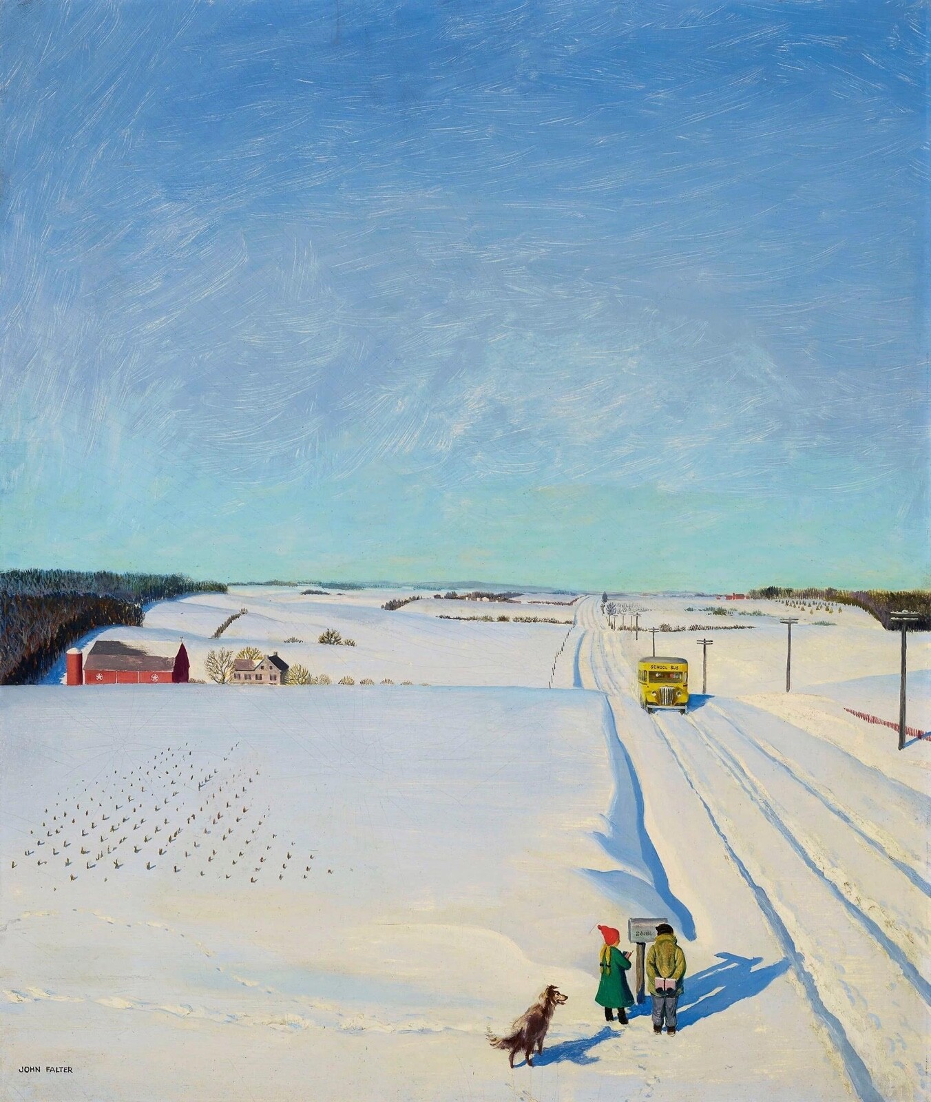 John Falter : Waiting for School Bus in Snow : 1947 : Archival Quality ...