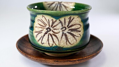 Japanese YUNOMI Tea Cup & Wooden Saucer Oribe Green Glaze KIKU Seto ...