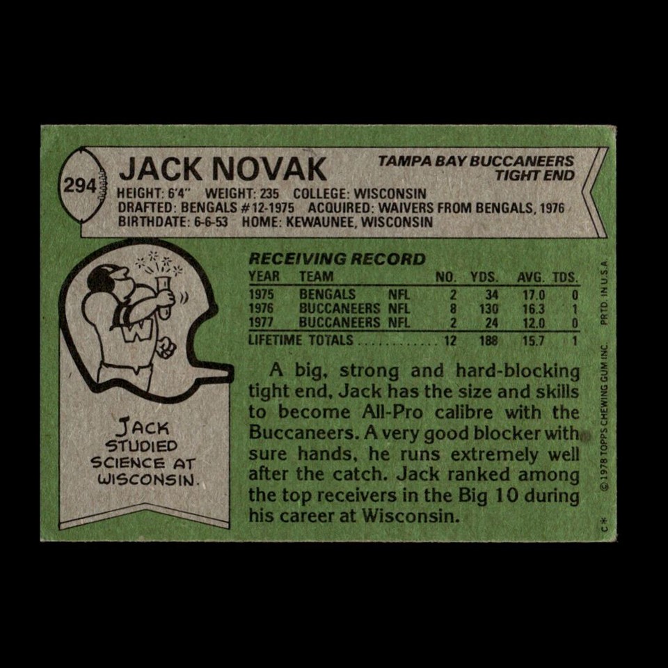 Jack Novak 1978 Topps Rookie Tampa Bay Buccaneers #294 Vintage Set ...