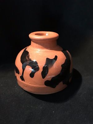 PRIMITIVE REDWARE POTTERY INKWELL / INK BOTTLE W/ BLACK DRIPS No.884 by ...