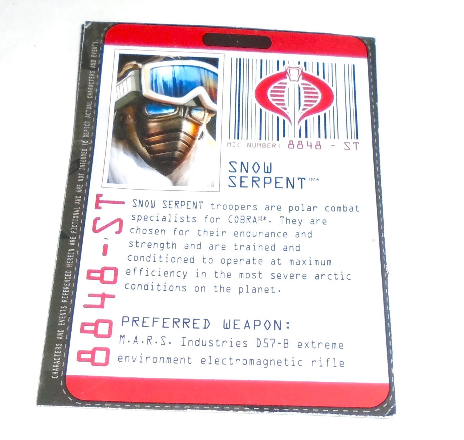 G I JOE File I.D. Card Filecard Rise of Cobra 2009 Snow Serpent | eBay