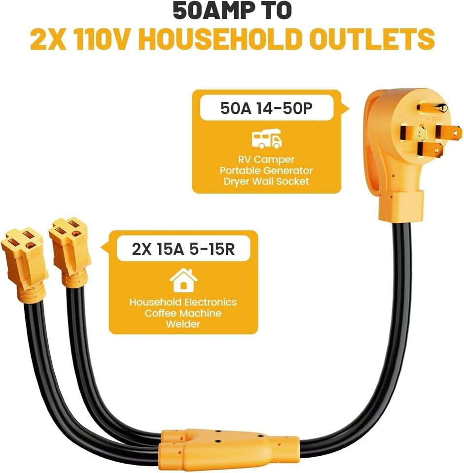 50 Amp to (2)x 110V 15 Amp Household Outlet RV Y Adapter Power Cord, 10 ...